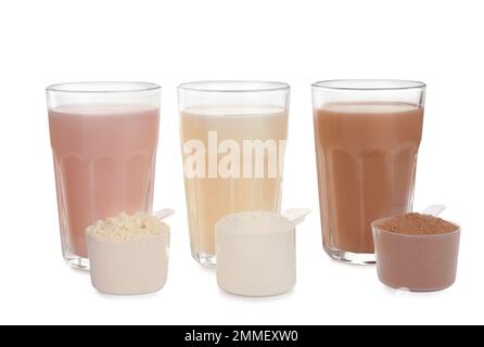 Protein shakes and different types of powder isolated on white Stock ...