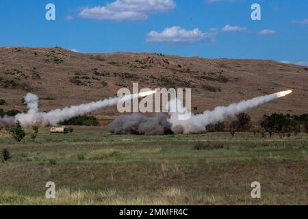 A pair of M270A1 MLRS (Multiple Launch Rocket Systems) from Fort Sill’s ...