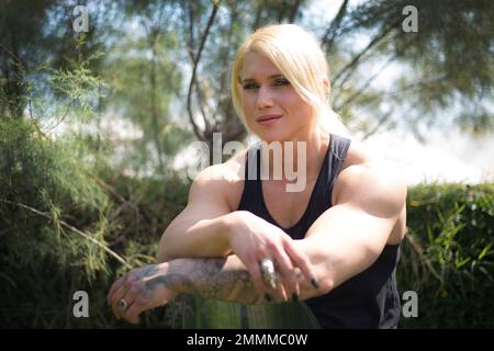 Body builder Julia Fory poses for photographs for the film 'Pearl' at ...