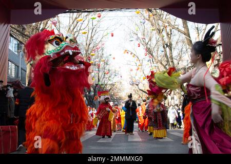 Tourists watch a lion dance performance at Longmen Ancient Street in ...