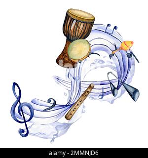 Treble clef, musical notes and tambourine watercolor illustration on ...