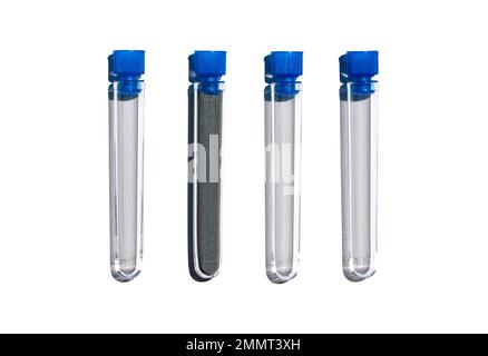 Zinc granules in test tube with plug cap. Cosmetic chemicals ingredient ...