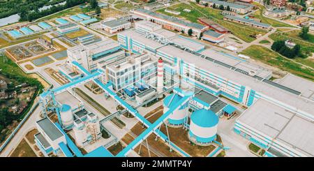 Aerial view of modern paper mill in summer sunny day. Bird's-eye view ...