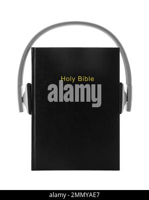Holy Bible and modern headphones on white background Stock Photo - Alamy