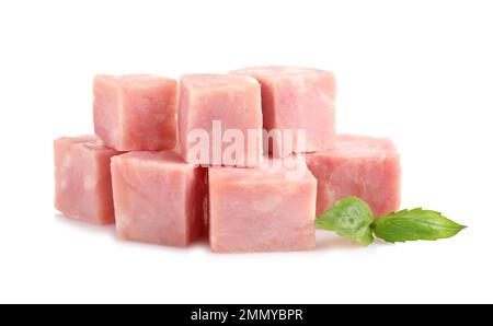 Cubes of tasty fresh ham with basil, tomatoes and pepper isolated on ...