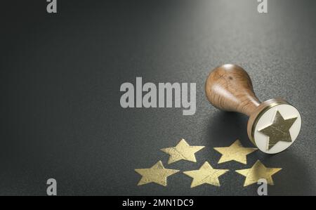 Rubber stamp with one golden star, over black background with five ...