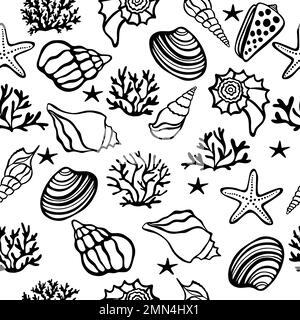 Cute cartoon seashell doodle seamless pattern. Hand drawn sea shells ...