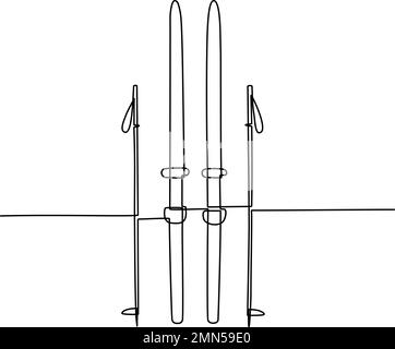Continuous one line drawing of skis and ski poles. Vector illustration ...