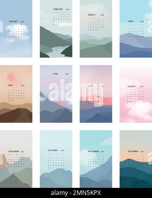 Sky & mountain yearly calendar vector in minimal Scandinavian ...