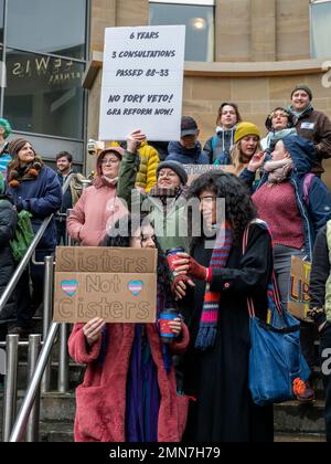 Glasgow, Scotland, UK. January 21st, 2023: A crowd at a Pro-Trans rally ...