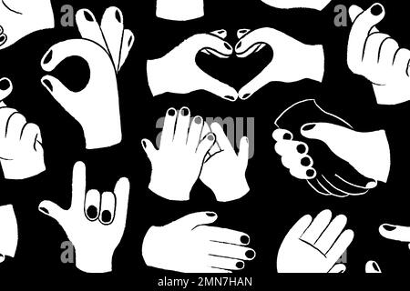 Hand sign background, doodle pattern in black and white vector Stock ...