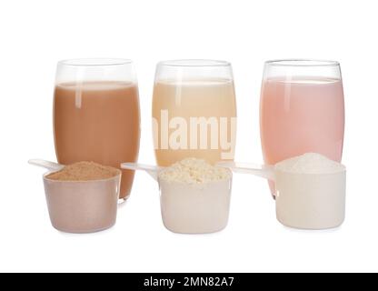 Protein shakes and different types of powder isolated on white Stock ...