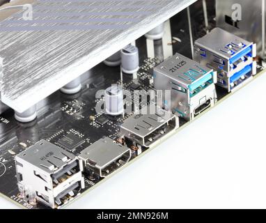 Multiple ports on modern computer mainboard show with Display port, USB ...