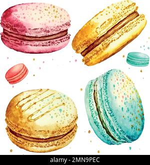 Watercolor image of blue macaroon decorated with bright pink daisy ...