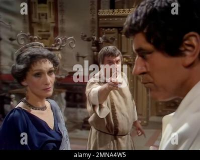 London.UK. George Baker (as Tiberius) and Sian Phillips (as Livia) in a ...