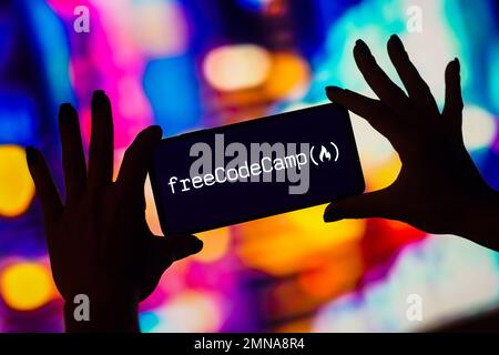 In this photo illustration, the freeCodeCamp logo is displayed on a ...
