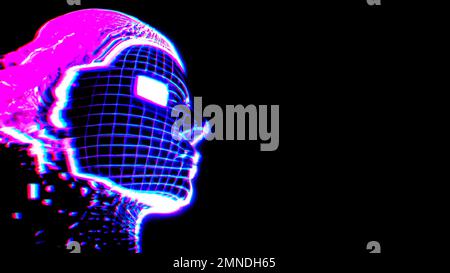 Human head made of pixels in neon holographic, virtual reality and ...