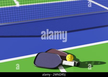 Pickleball two rackets and one plastic ball. Copy space 3D rendering ...