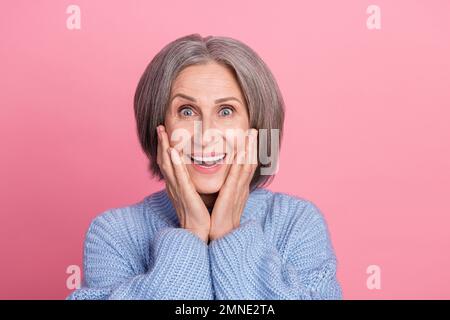 Photo of excited astonished lady hand touch cheek make selfie isolated ...