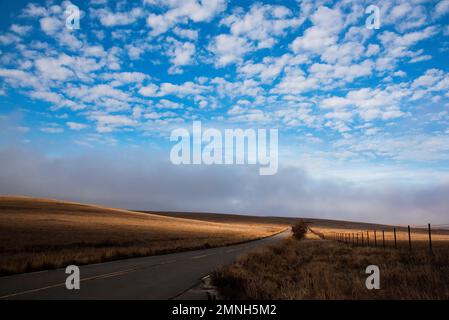Sun beam across a prairie hillside, blue sky dotted with white clouds ...