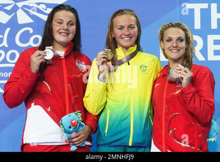 Bronze medalist Eleanor Faulkner from England shows her medal during ...
