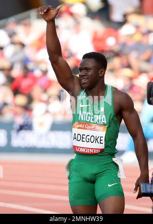 Nigeria's Enoch Olaoluwa Adegoke reacts after winning his men's 100m ...