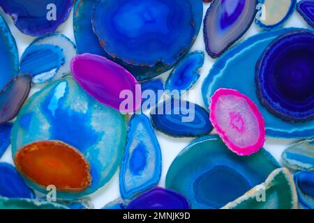 Agates set in blue and green colors.slices of natural stone .Texture of ...