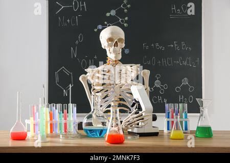 Skeleton and different chemistry glassware in classroom Stock Photo - Alamy