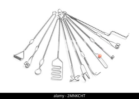 Set of logopedic probes on white background, top view. Speech therapist ...