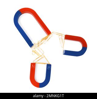 Magnets attracting paper clips on white background, top view Stock ...