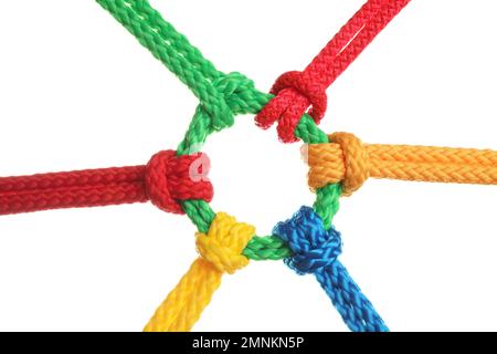 Colorful ropes tied together isolated on white. Unity concept Stock ...