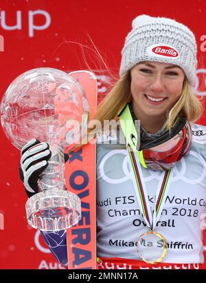 United States's Mikaela Shiffrin holds the women's World Cup slalom ...