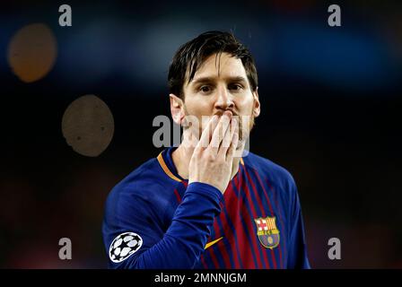 Barcelona's Lionel Messi blows a kiss after scoring 3-0 during a ...