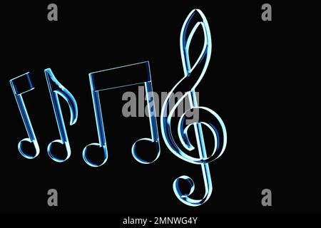 Realistic blue neon treble clef on a black background. 3d golden ...