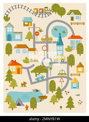 Cute town map for kids room. Landscape with lot details. Vector ...