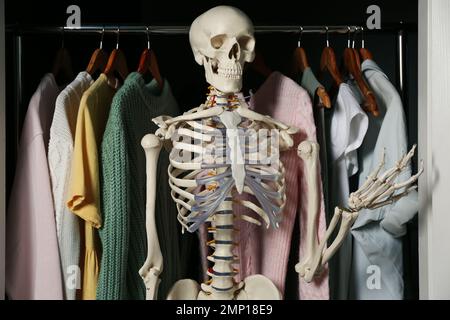 Artificial human skeleton model among clothes in wardrobe Stock Photo ...