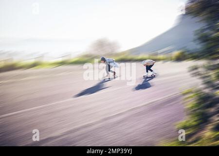 Skateboard, fast and road with people training, competition or danger ...