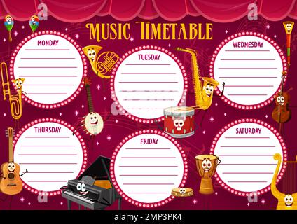 Education timetable schedule. Cartoon musical instrument characters on ...