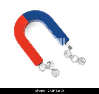 Magnet attracting metal nuts on white background, top view Stock Photo ...
