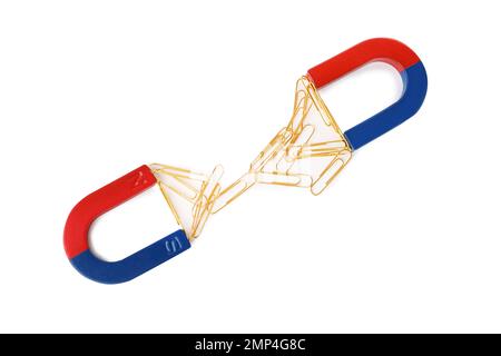 Magnets attracting paper clips on white background, top view Stock ...