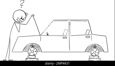 Driver and Car with Stolen Wheels , Vector Cartoon Stick Figure ...