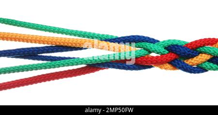Braided colorful ropes isolated on white, top view. Unity concept Stock ...