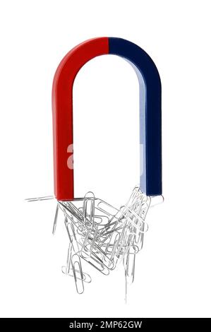 Magnet attracting paper clips on white background Stock Photo - Alamy