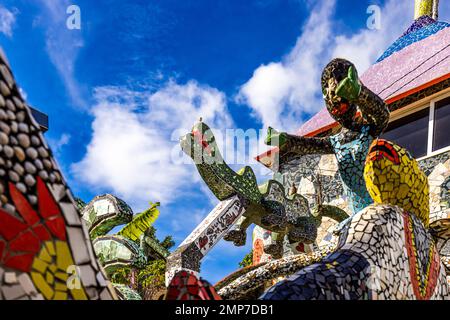 Tiled mosaic walls and sculptures on upper levels of workshop studio of ...