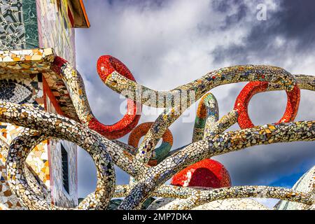 Tiled mosaic walls and sculptures on upper levels of workshop studio of ...