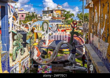 Tiled mosaic walls and sculptures on upper levels of workshop studio of ...