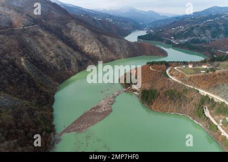 Aerial view of waste floating in the Drina river near Visegrad, Bosnia ...