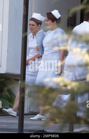 Actors prepare to shoot the asylum scenes on the set of "American ...