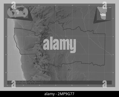 Hardap, region of Namibia. Grayscale elevation map with lakes and ...
