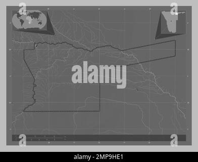 Kavango East, region of Namibia. Grayscale elevation map with lakes and ...